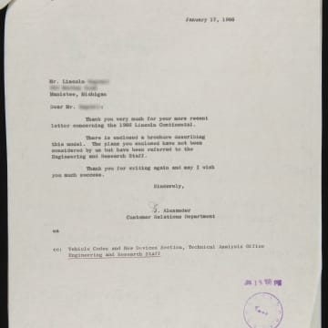 Ford Public Relations Memo regarding Letter from Lincoln, Age 14 ...